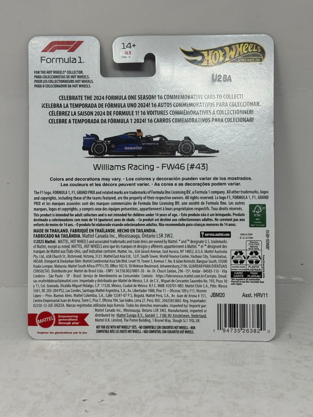 Hot Wheels Premium Formula 1 Williams Racing FW46 #43 1:64 Diecast ...